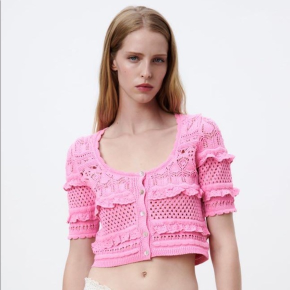 Zara | Tops | Zara Pink Pointelle Knit Button Down Top | Poshmark